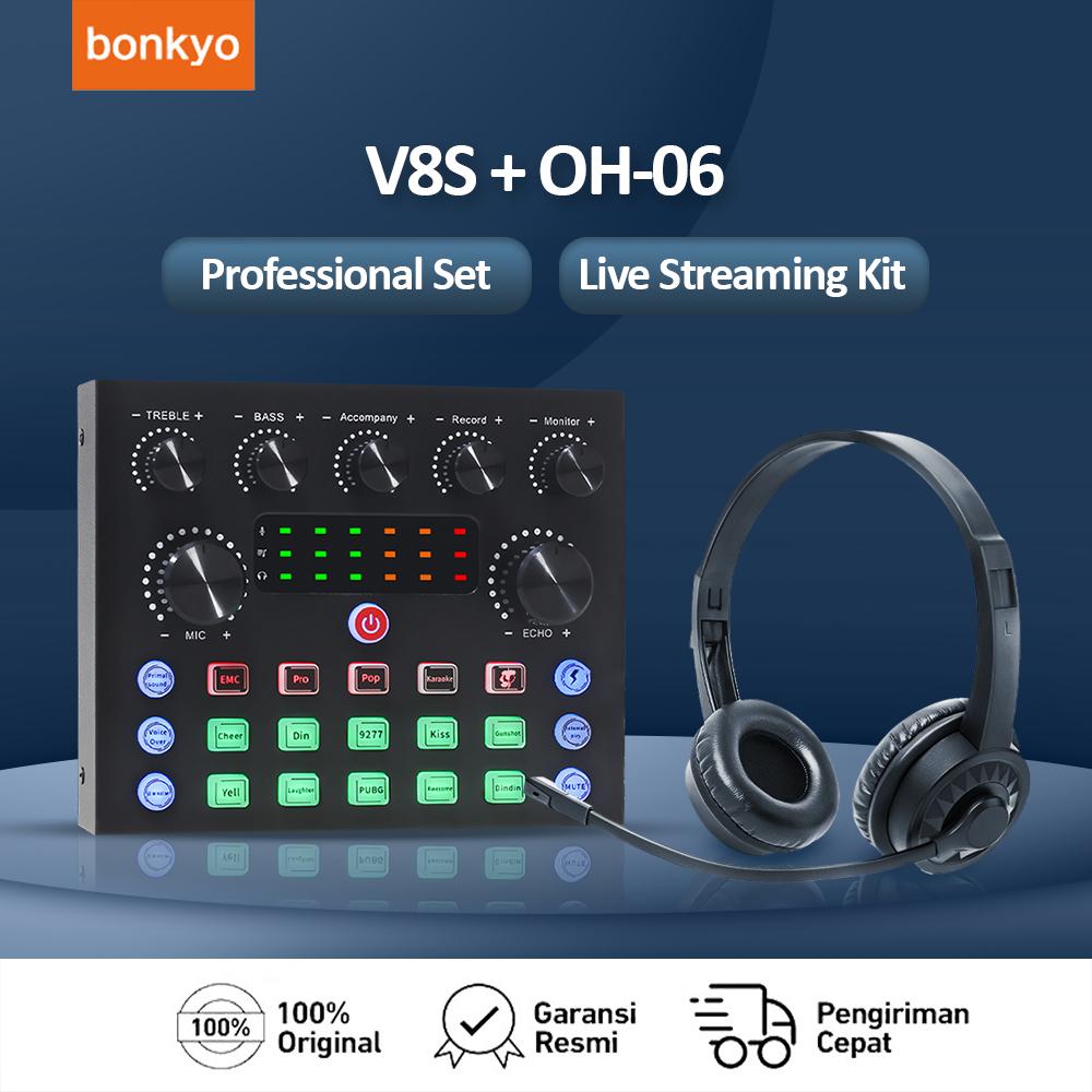 Jual Bonkyo V8S sound card+earphone set TIKTOK peralatan live bernyanyi ...