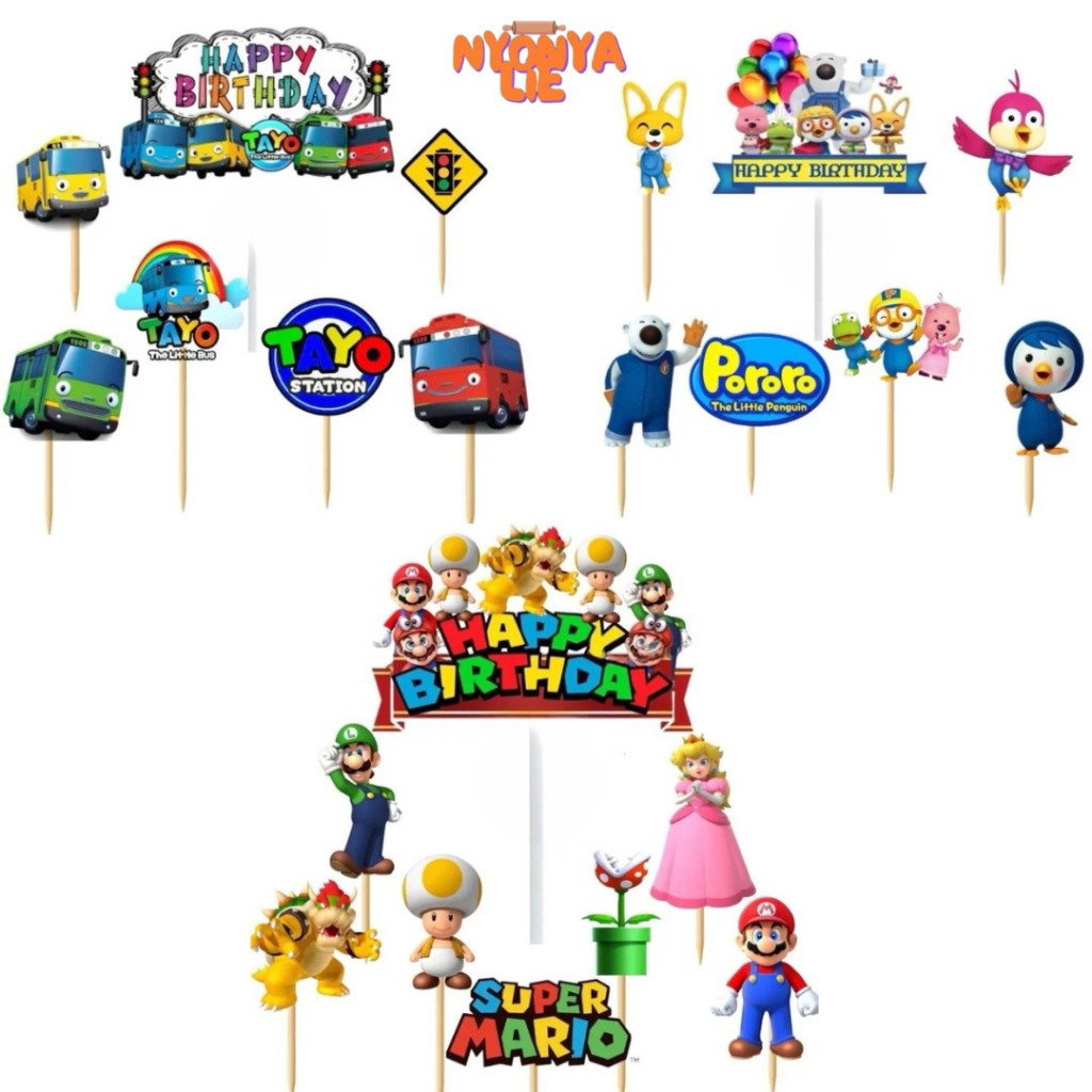 Jual CKA19 Cake Topper Kertas Kartun Pororo Super Mario Tayo Baby Shark ...