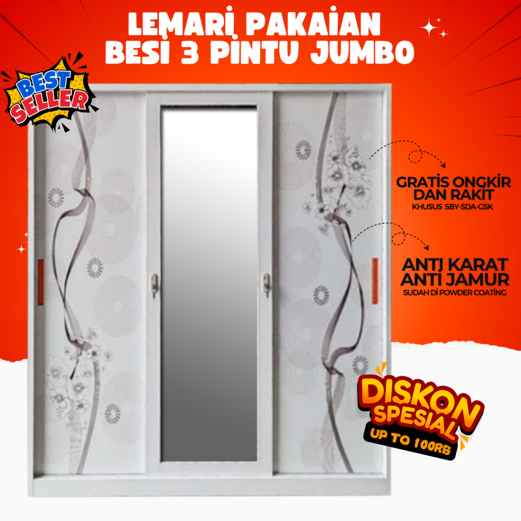 Jual Lemari Pakaian Besi 3 Pintu Jumbo 160cm LB 3330 / Lemari Baju Besi Sliding Door Metal ...