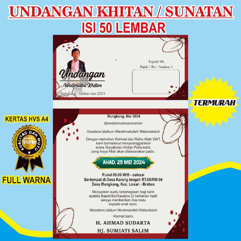 Jual Isi 50 Lembar Undangan Khitan Khitanan Sunat Sunatan Kertas Hvs A4 Full Warna Termurah 80 ...