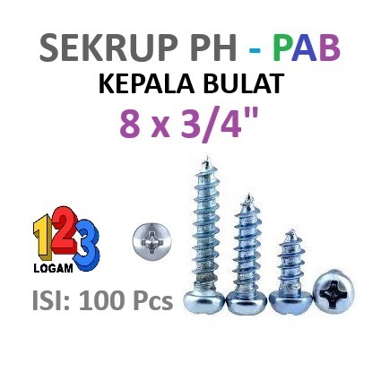 Jual 100 Pcs - #8x3/4" Sekrup PAB, PH, JP Baut Tapping Screw Kepala ...