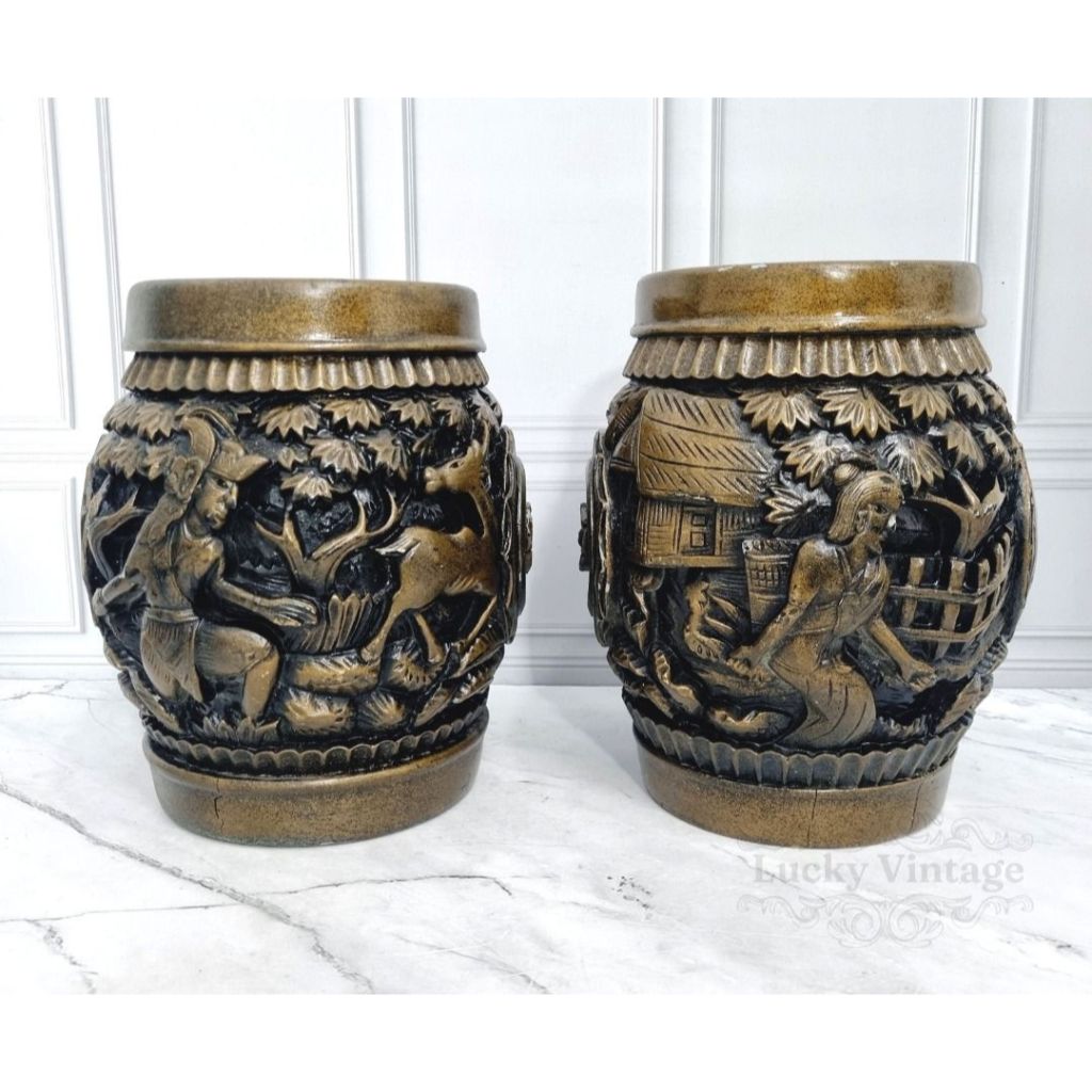 Jual Vintage Lawas Sepasang Guci Kayu Ukiran 3D Ornamen Rama Sinta ...