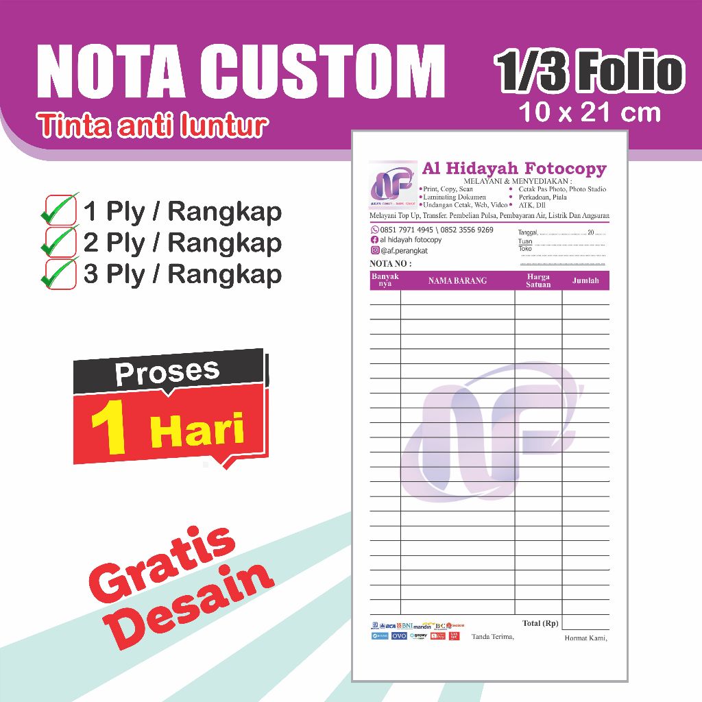 Jual Nota 1/3 Folio 1ply 2 ply 3 ply cetak nota custom request nama ...