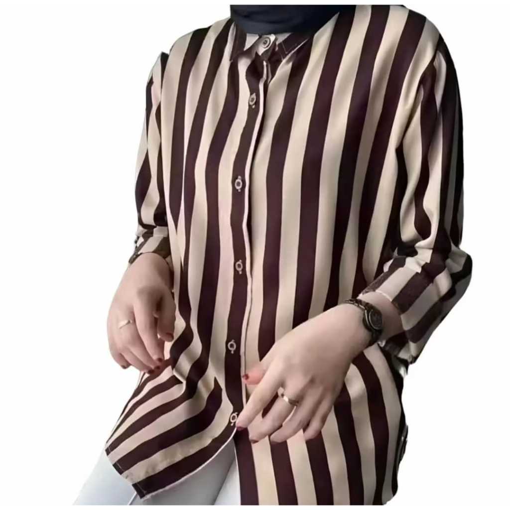 Jual Kemeja Salur Wanita Katun Premium Lengan Panjang | Shopee Indonesia