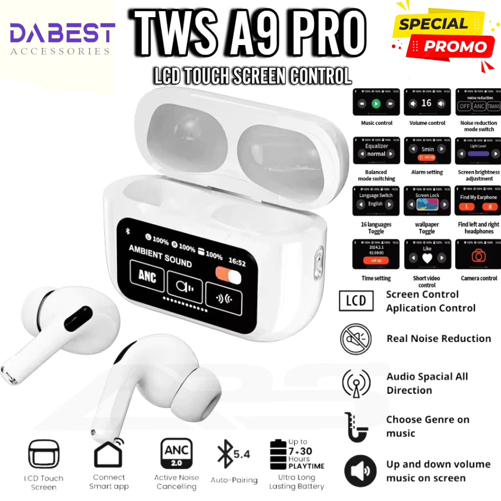 Jual A9 PRO ANC/ENC TWS Earphone Headset Bluetooth V5.4 Smart Screen ...