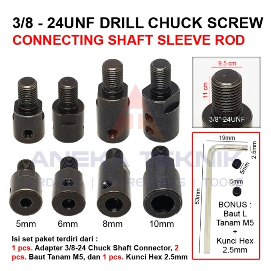 Jual 3/8" 24UNF DRILL CHUCK Connecting Shaft Rod + Kunci Hex + Baut L ...