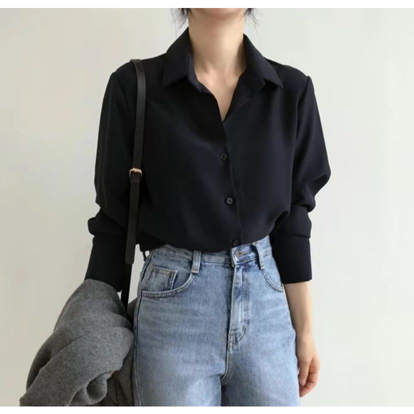Jual KEMEJA CASUAL WANITA TERBARU ATASAN KERJA KOREAN STYLE HITAM BASIC ...