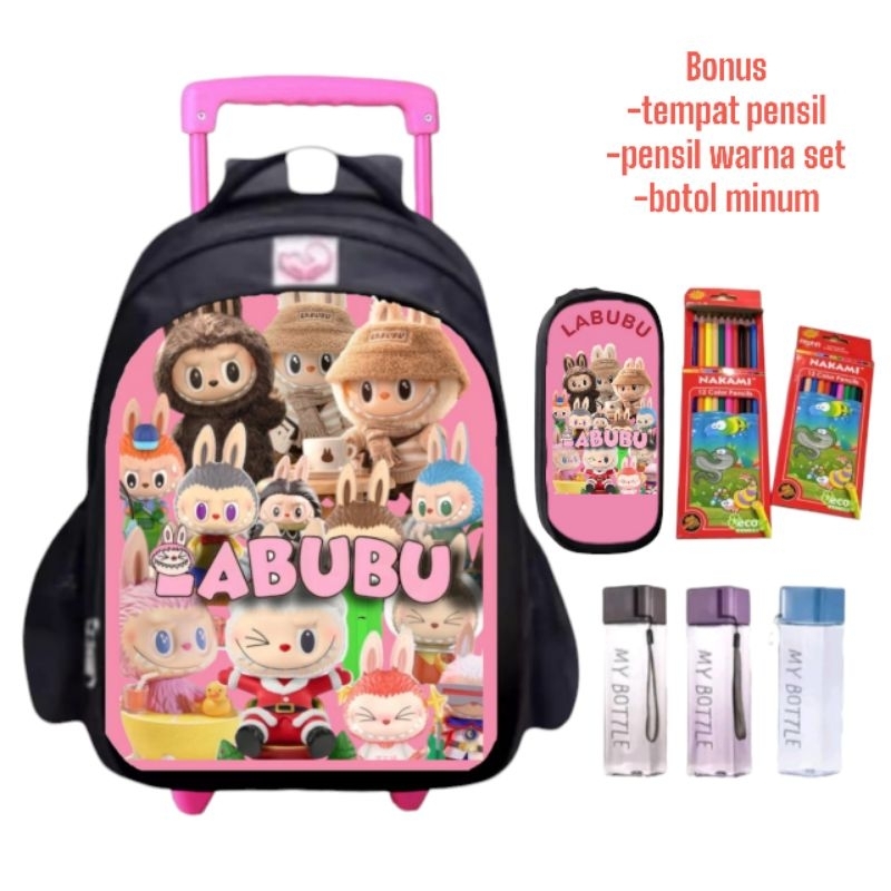 Jual tas ransel anak labubu 4in1 - tas sekolah anak perempuan labubu 4in1 - tas troli anak ...