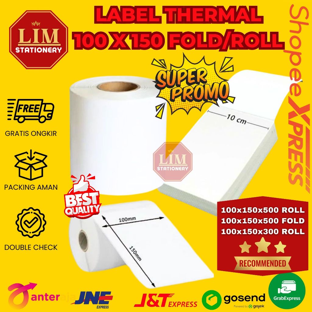 Jual LABEL THERMAL KUYA 100MM X 150MM X 500PCS / KERTAS THERMAL ROLL ...