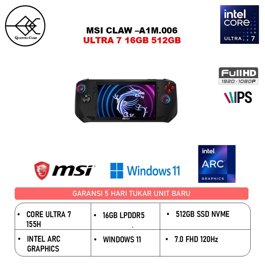 Jual MSI CLAW Ultra 7 155H 16GB 512GB W11 7.0Fhd 120Hz IPS -A1M.006 ...