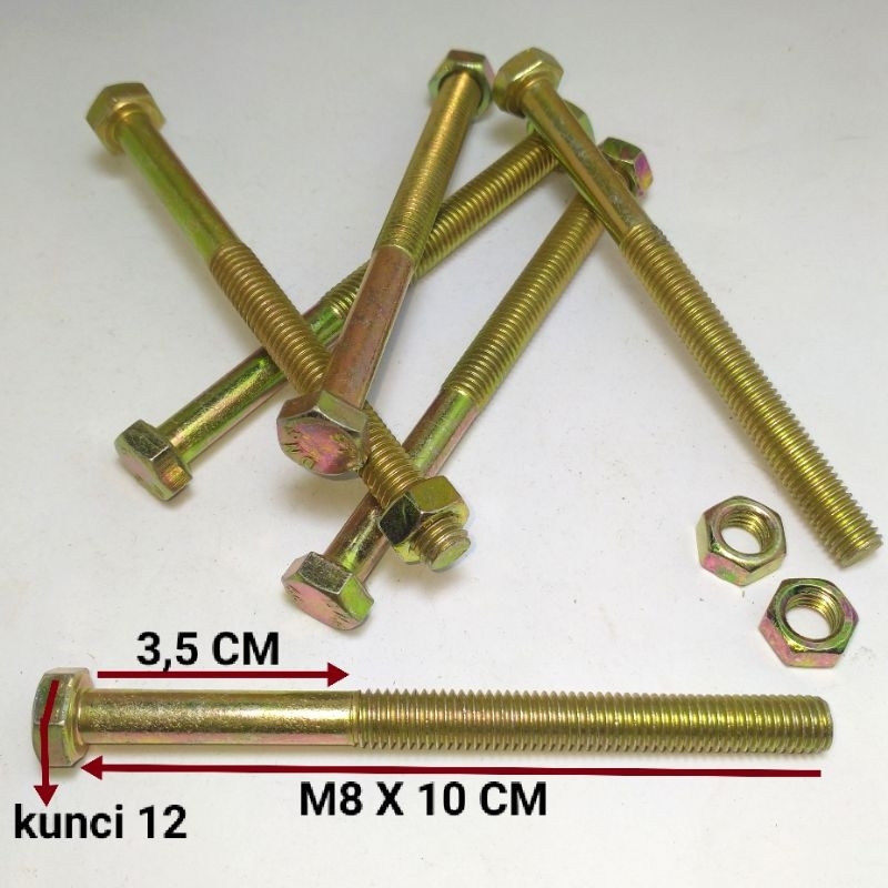 Jual baut mur m8 x 100 mm pitch 1,25/ 10 cm baut kunci 12 grade 4.6 | Shopee Indonesia