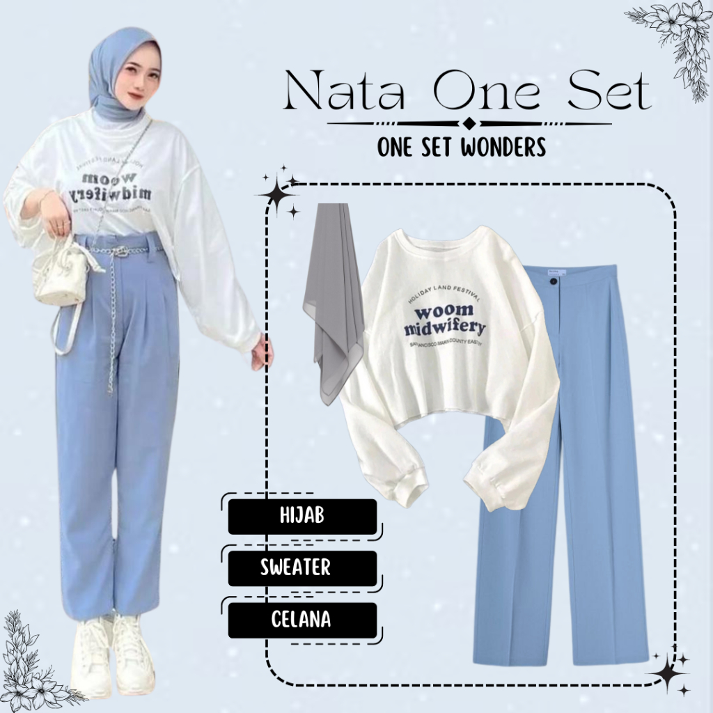 Jual One Set Blue Style Kekinian 3In1 Wanita |Sweater oversize+Celana Knit +hijab Bella Square ...