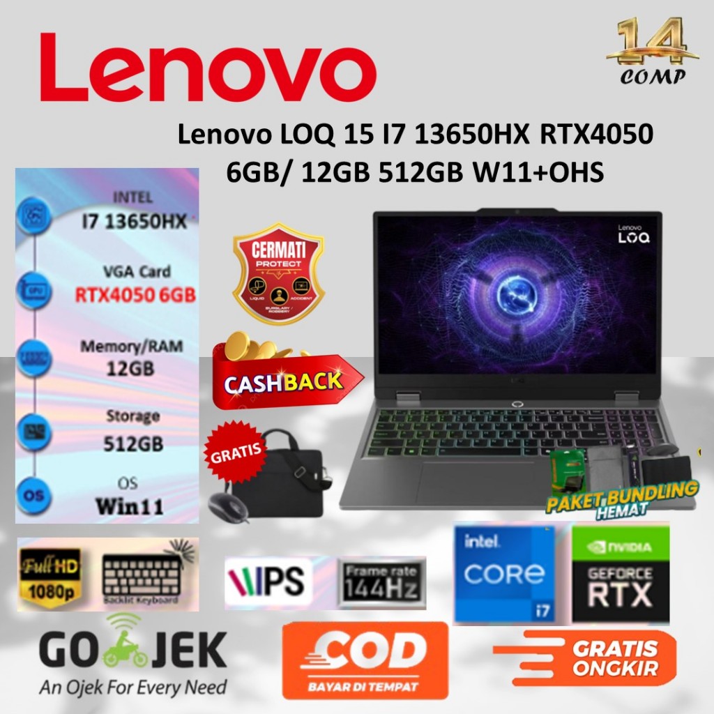 Jual Lenovo LOQ 15 I7 13650HX RTX4050 6GB/ 12GB 512GB W11+OHS 15.6FHD 144HZ | Shopee Indonesia