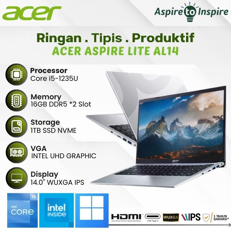 Jual Laptop Multitasking Acer Aspire Lite AL14-51M-53K9, Core i5-1235U ...