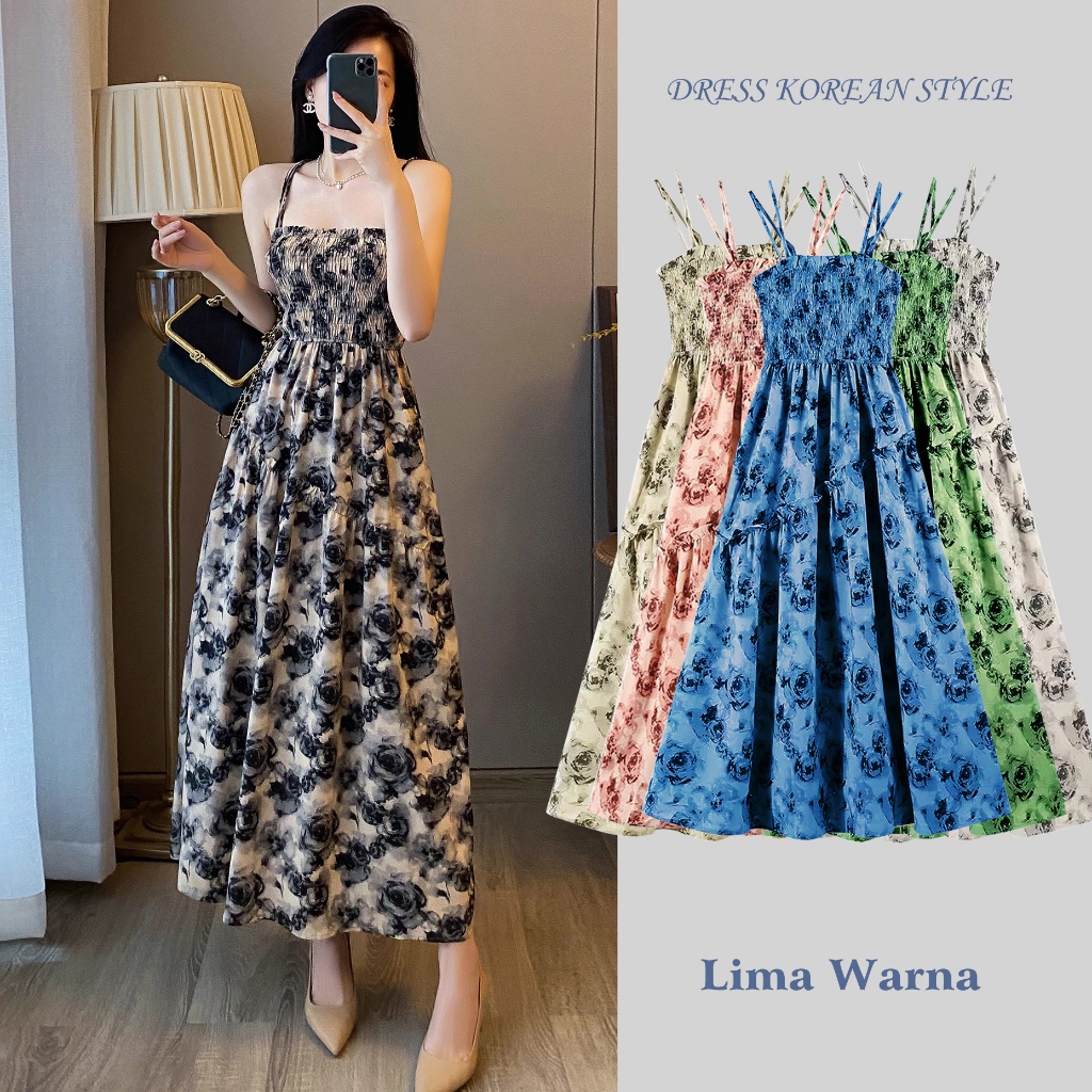 Jual midi dress motif bunga / dress tali wanita / dress tanktop / dress ...