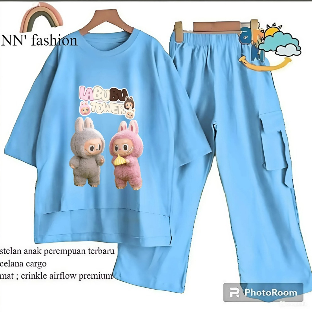 Jual Stelan anak perempuan terbaru celana cargo baju motif labubu lucu yang lagi viral dengan ...