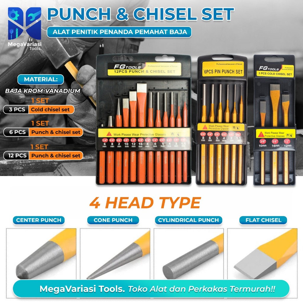 Jual Pahat Besi 3 Pcs / 6 Pcs / 12 Pcs Pin Punch Chisel Set Chrome ...