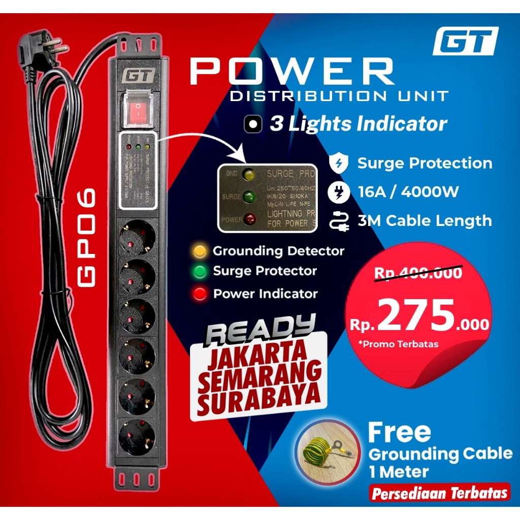 Jual PDU 6 OUTLET 16A 4000W GT GP06 GERMANY OUTLET - STOP KONTAK ...