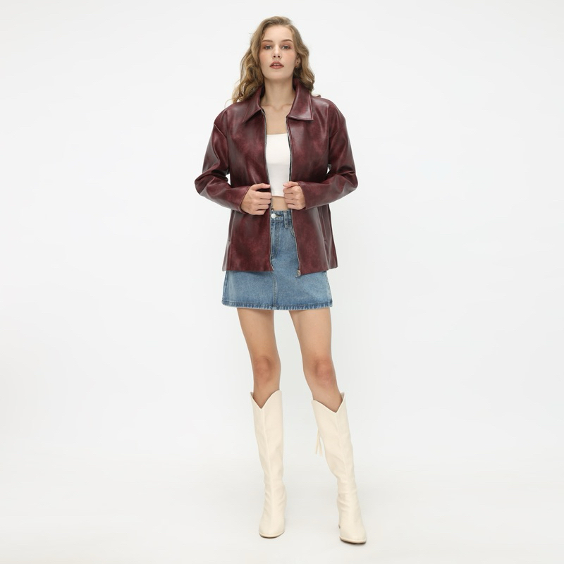 Jual [READYSTOCK] Jaket kulit burgundy burgundy leather jacket dark ...