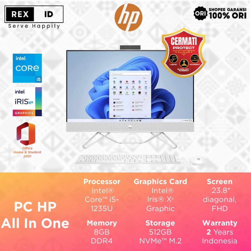 Jual PC AIO HP i5 1235U 8GB 512GB 23.8" Full HD Windows 11 Pro + OHS ...