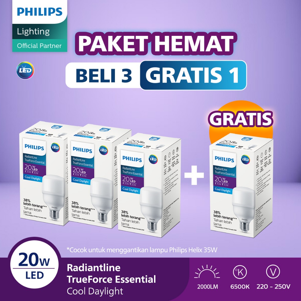 Jual Philips Paket 3X Lampu Bohlam Radiantline TrueForce Essential 20W Putih Gratis Lampu ...