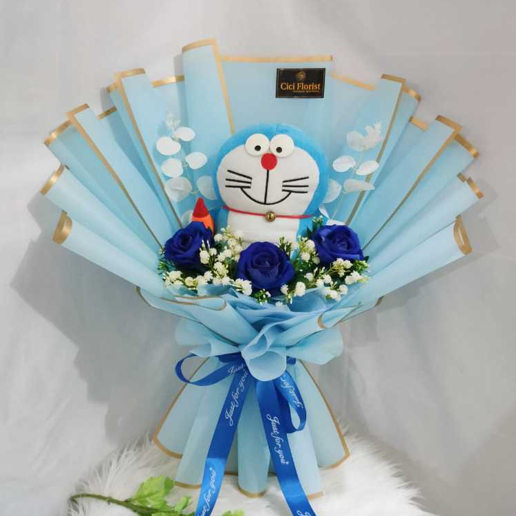 Jual Buket Bunga Boneka Doraemon + Mawar Beludru Premium Velvet Rose ...