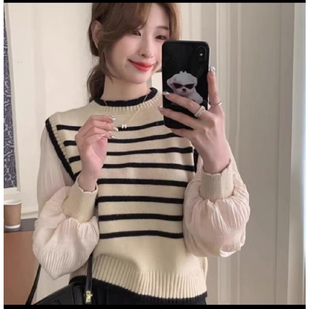 Jual Atasan Knit Wanita Lengan Balon - Sweater Rajut Korean Style Motif Garis | Shopee Indonesia