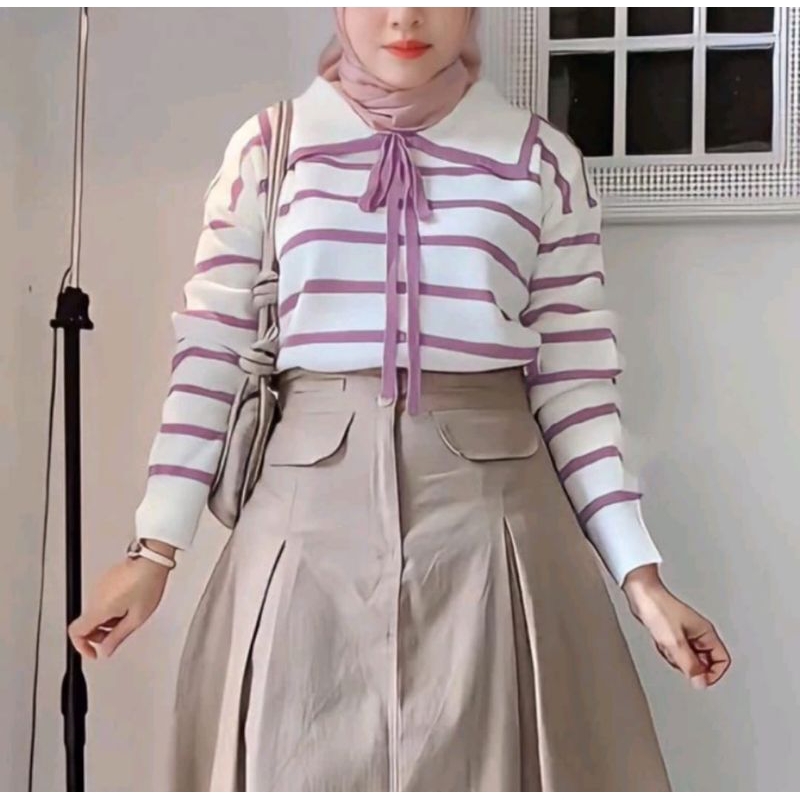 Jual Atasan Rajut Wanita Motif Garis Kerah Variasi Tali Pita Sweater Rajut Kekinian dan Terbaru ...