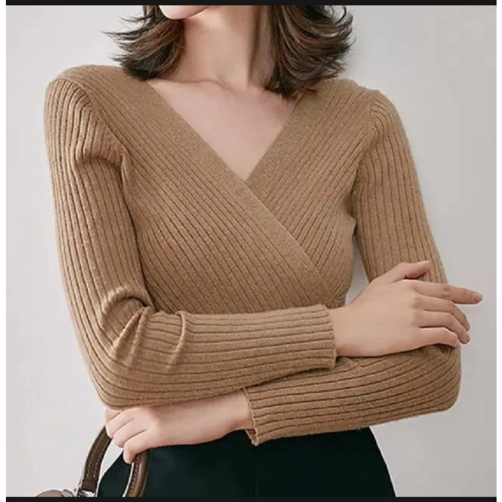 Jual Knitwear Wrap Kaos Rajut Wanita Lengan Panjang Atasan Rajut Crop ...