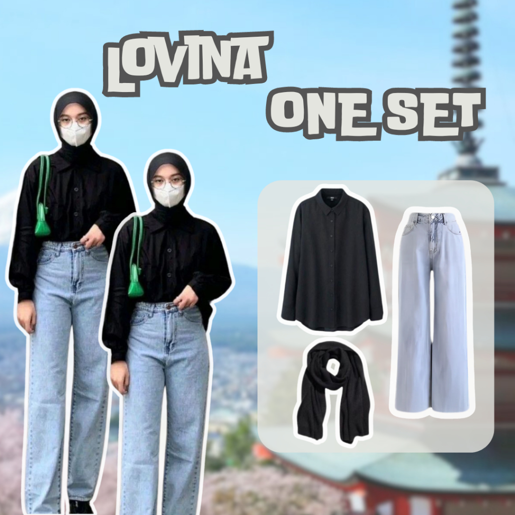 Jual Lovina One Set Korean Style 3 In 1 Kemeja Celana Jeans Hijab ...