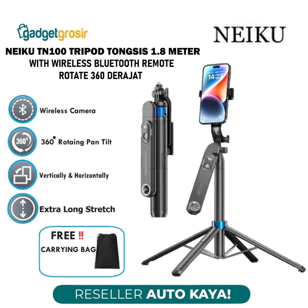 Jual NEIKU TN100 Tripod Tongsis 1.8 Meter With Remote Bluetooth Wireless Quadpod 4 Kaki 360 ...