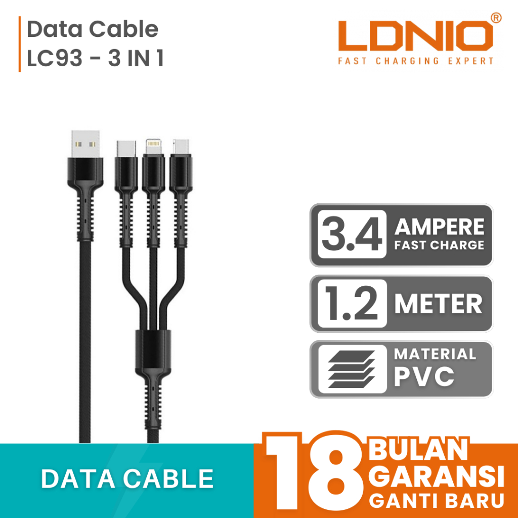 Jual LDNIO LC93 Kabel Charger 3 In 1 Iphone Micro Type C Cable Data ...