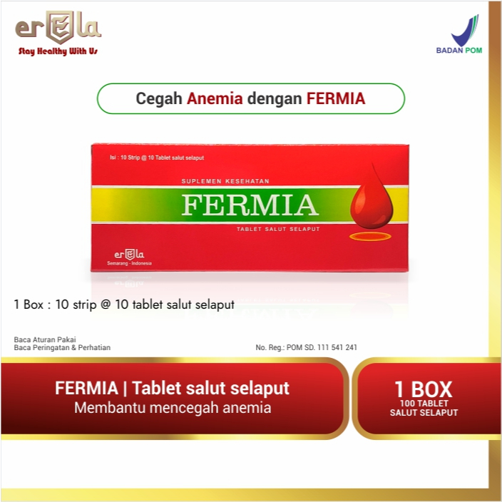 Jual FERMIA / Suplemen Zat Besi, Vitamin B6 & Asam Folat / 1 Box 100 ...