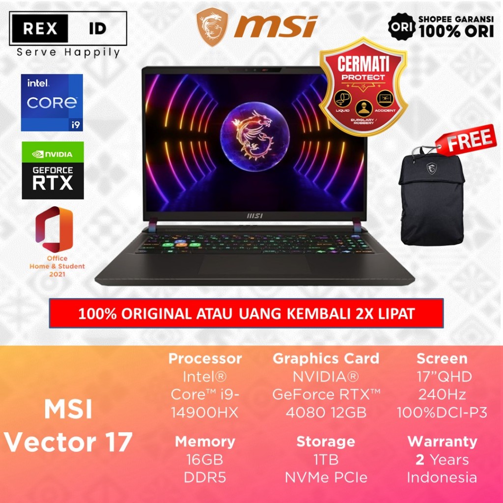 Jual Laptop MSI Vector RTX4080 12GB i9-14900HX 64GB 4TB 17" QHD+ IPS ...