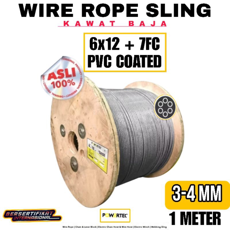 Jual KAWAT SLING BAJA 6x12+7FC 3-4MM/1METER PVC COATED POWERTEC | POWERTAPE WIRE ROPE 6X12+7FC 3 ...