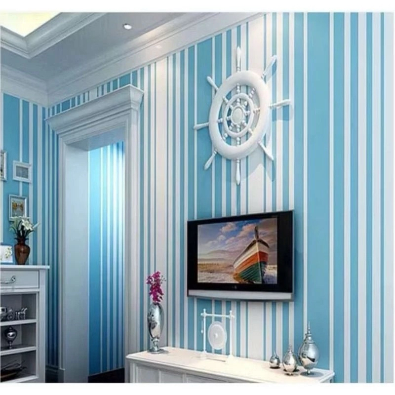 Jual wallpaper dinding garis biru putih ukuran 8m s/d 9m x45cm | Shopee ...