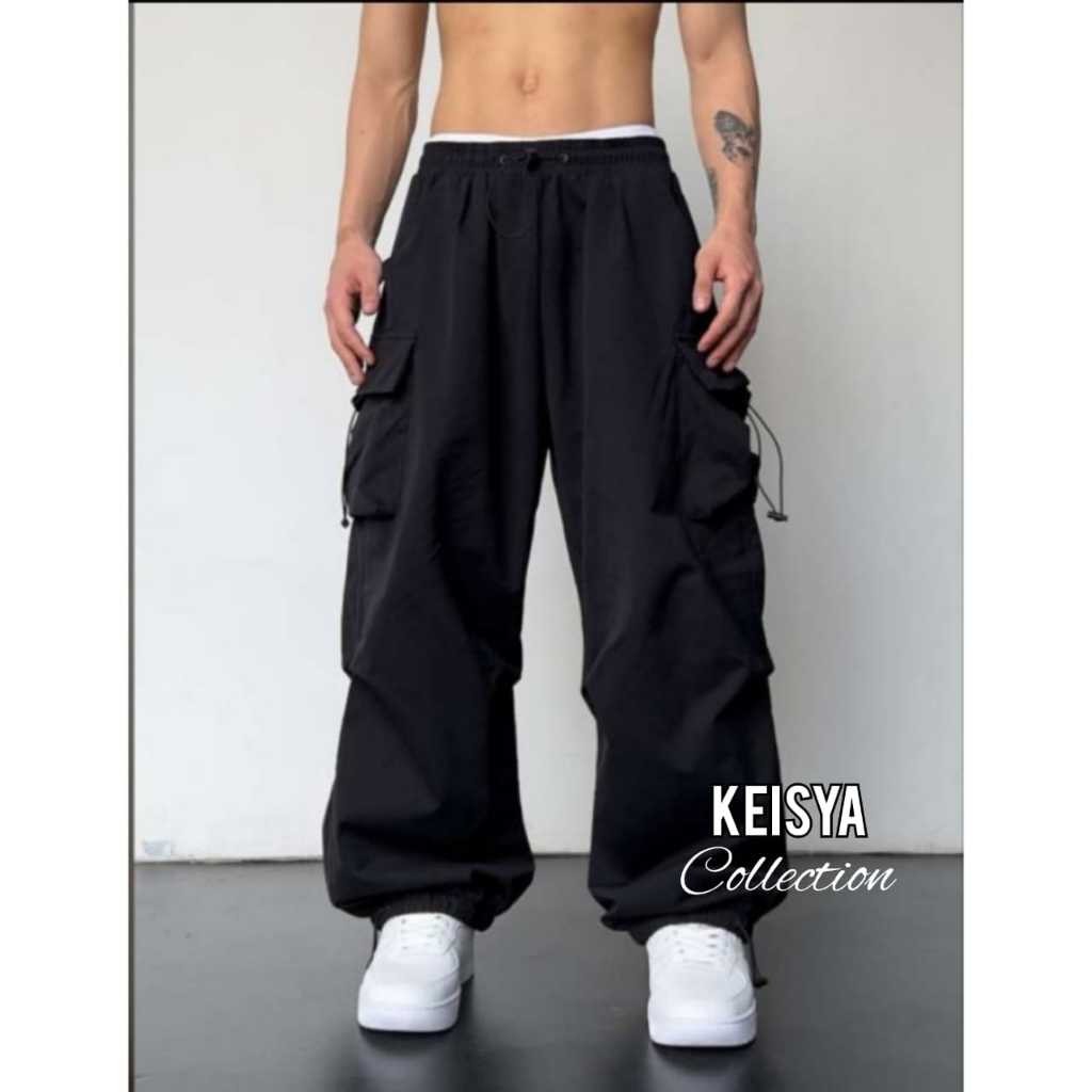 Jual Celana Cargo Komprang Panjang pria wanita Streetwear - Korean Style Unisex Highwaist CARGO ...