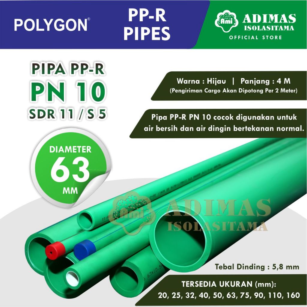 Jual Pipa PPR Polygon Tipe PN 10 Diameter 63 mm Panjang 4 Meter Warna ...