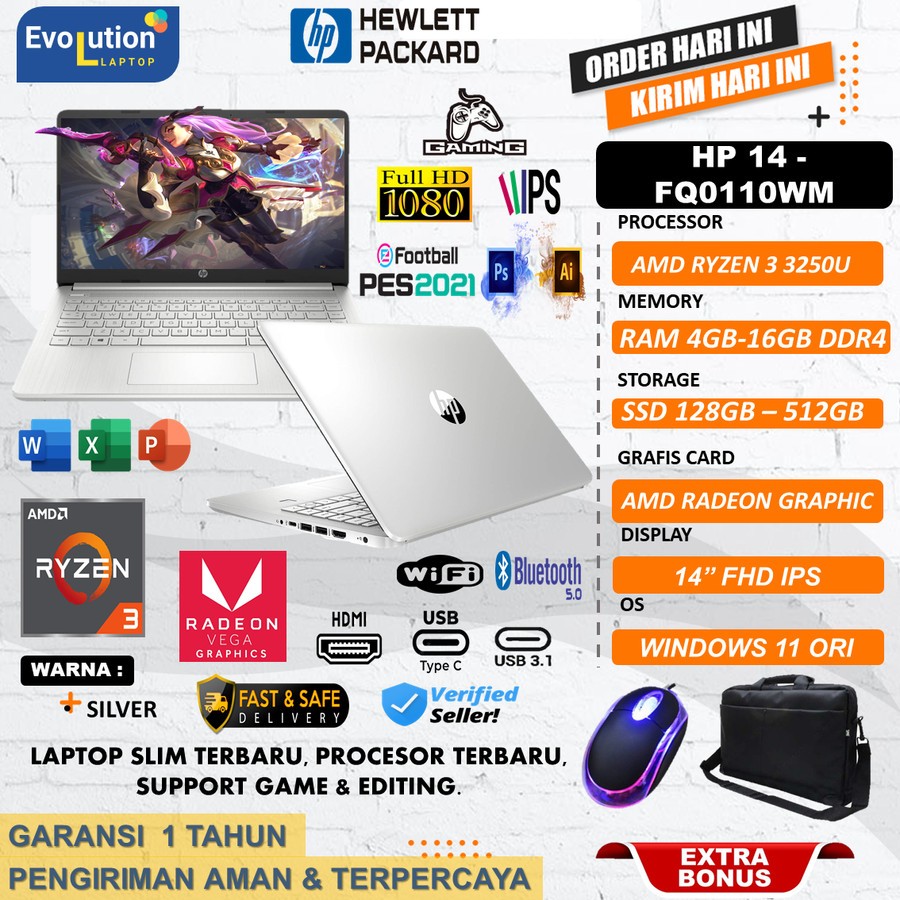 Jual promo Laptop Gaming Hp 14 ryzen 3 3250u Ram 8gb 512gb ssd silver ...