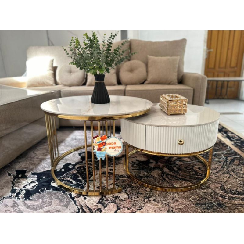 Jual Meja Tamu Granite 2 Tingkat Kaki Besi Gold | Shopee Indonesia