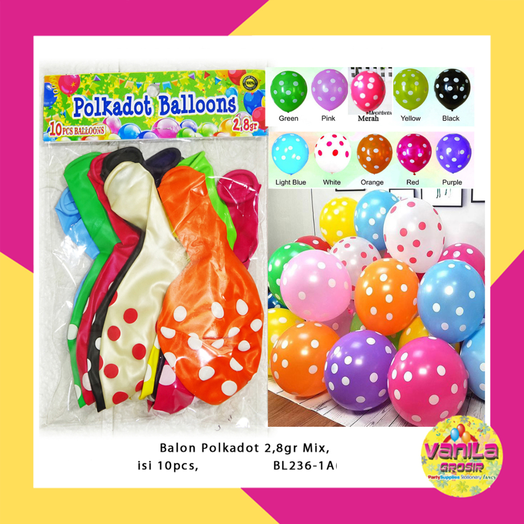 Jual (10Pcs) Balon Polkadot, balon motif bulat, balon warna warni ...