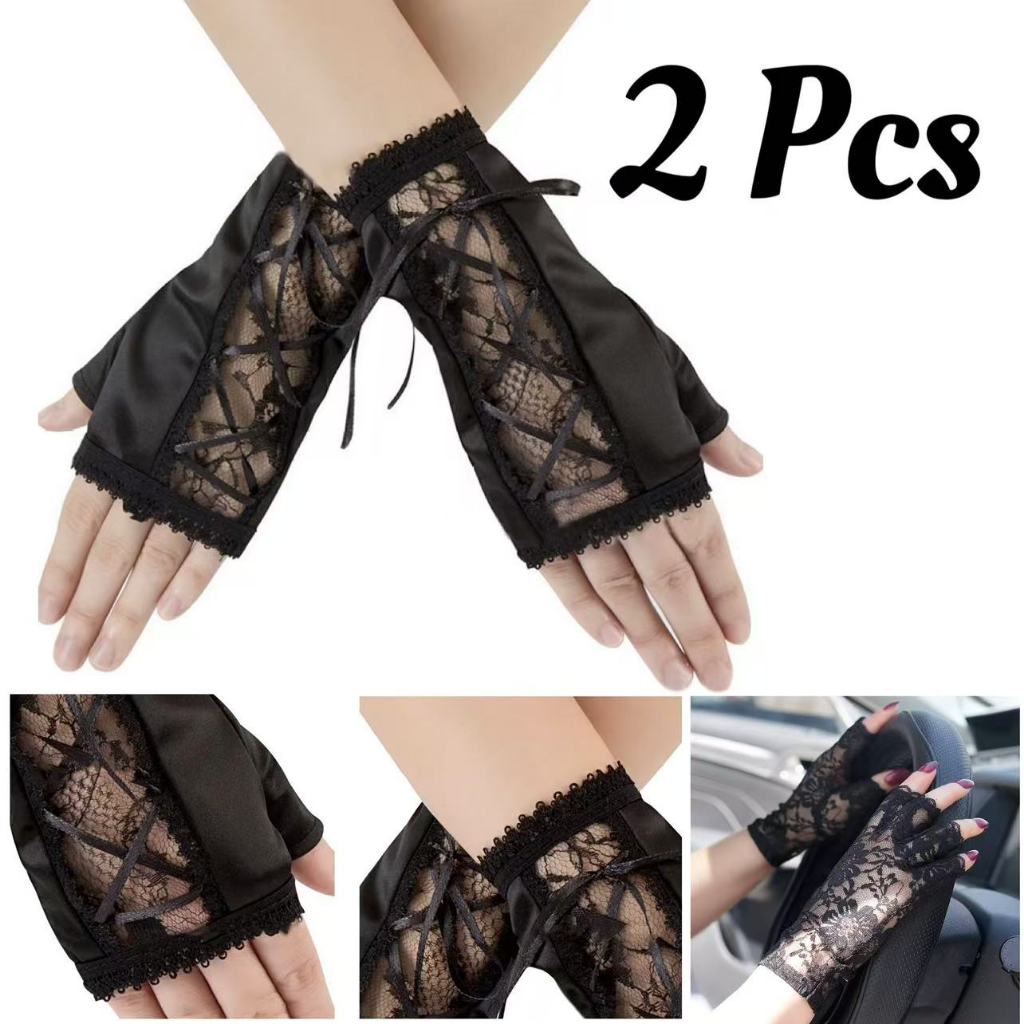 Jual 2PCS Sarung Tangan Lace Lolita Gothic Sarung Tangan Jari Bolong Gothic Lace Panel lace-up ...