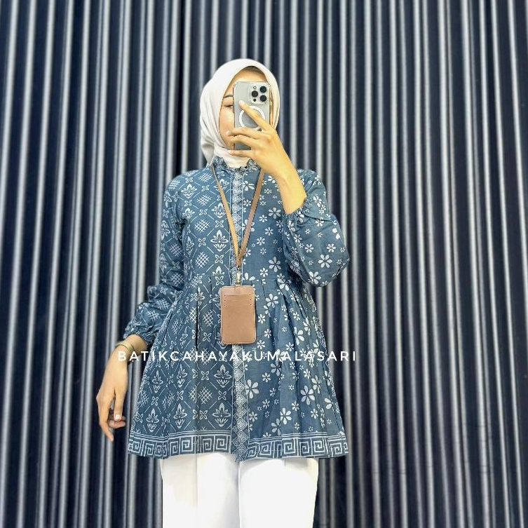 Jual Blouse Batik Wanita Lengan Balon Motif ROMECCA BIRU DENIM - Atasan ...