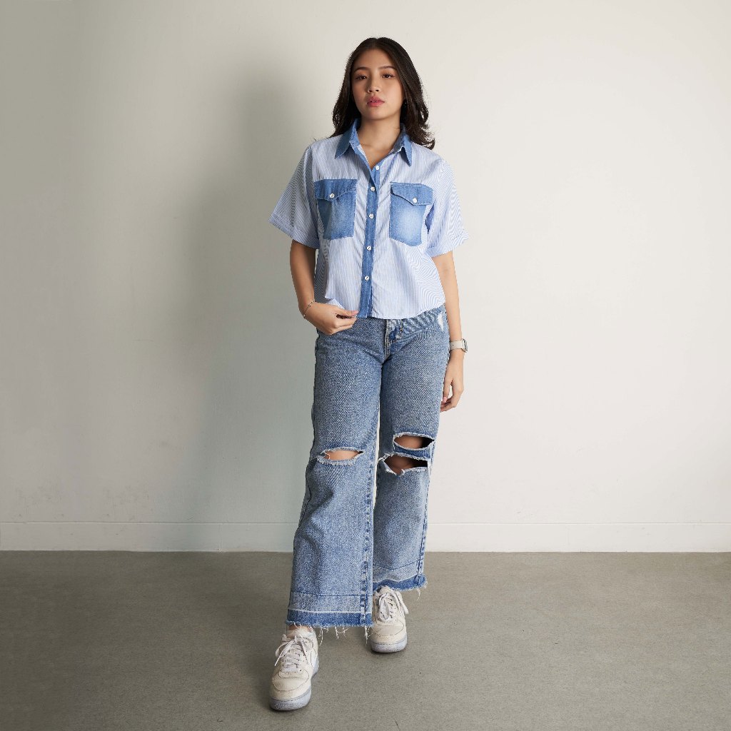 Jual QUEENTIN Kemeja Wanita Kombinasi 0549 Katun Polymicro Motif Salur ...