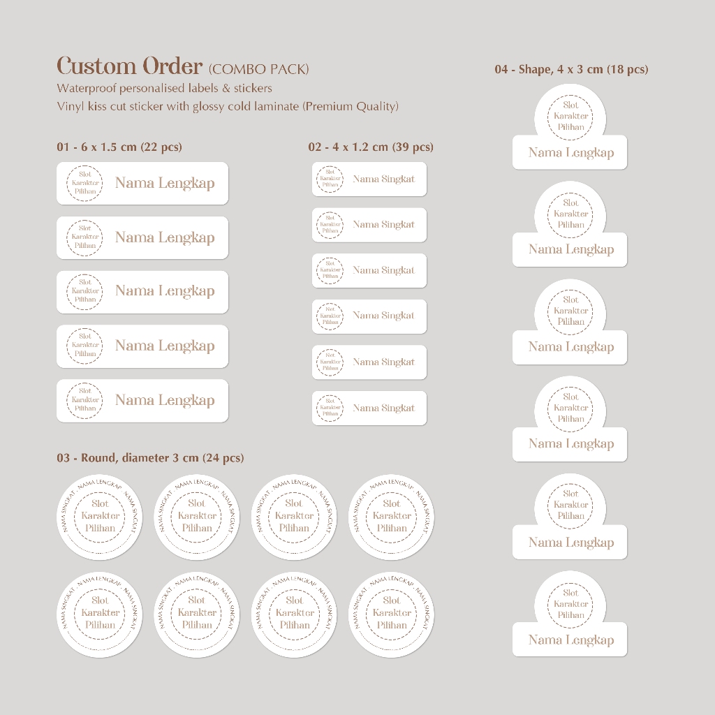 Jual CUSTOM ORDER / STICKER NAMA COMBO PACK - 103 pcs (4 Bentuk , 4 ...