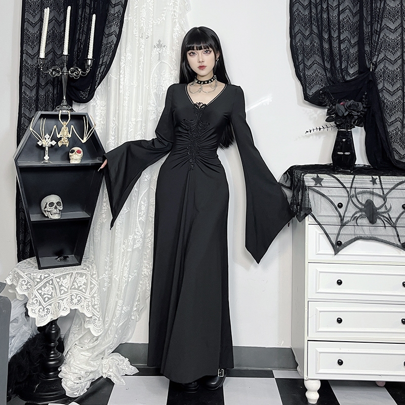 Jual 【Goth】Elegant Pleated Women's Gothic Embroidery Maxi Dresses 8864 ...