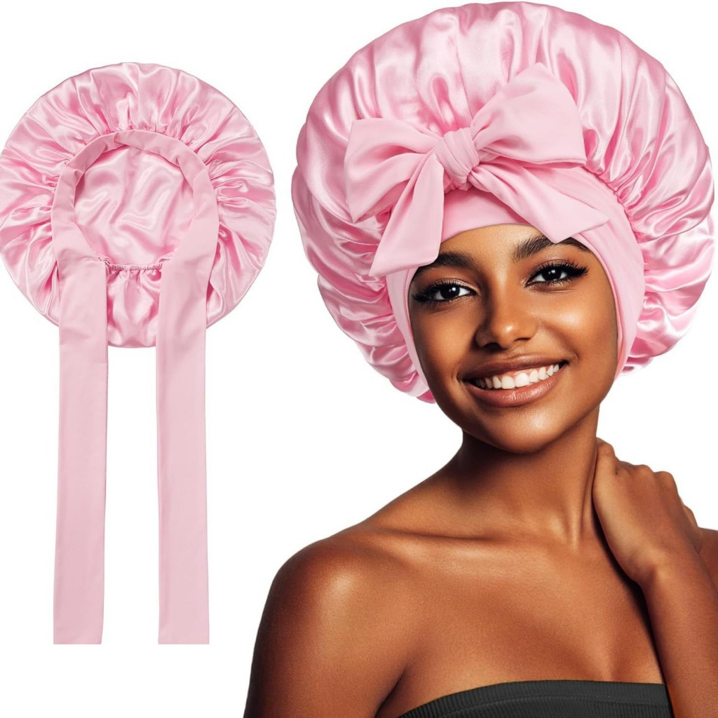 Jual Sleep Over Hair Bonnet Silk Hair Cap Bow Knot Round Cap Ladies ...