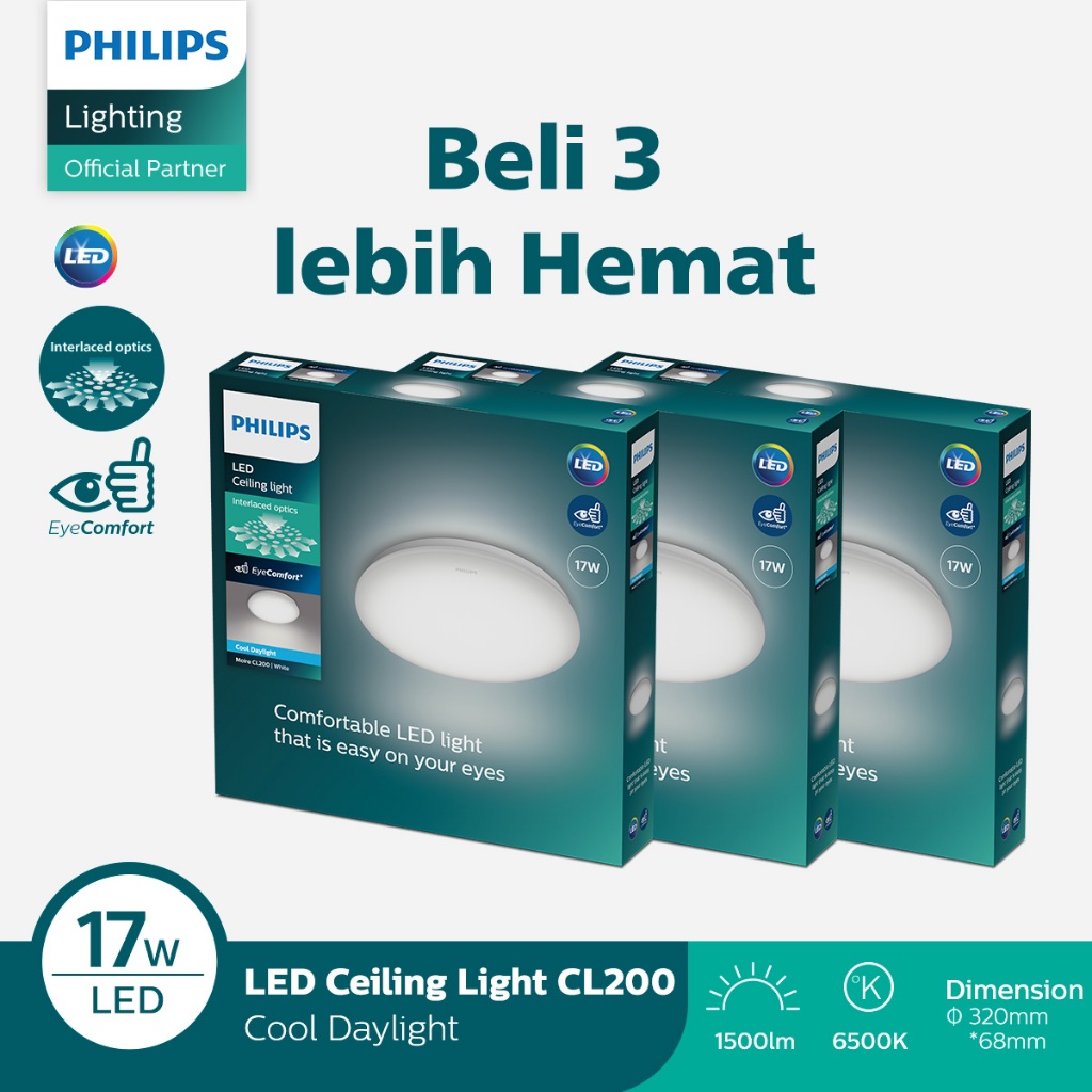 Jual Philips Paket 3 Lampu Ceiling CL200 LED 17W 65K - Putih | Shopee ...