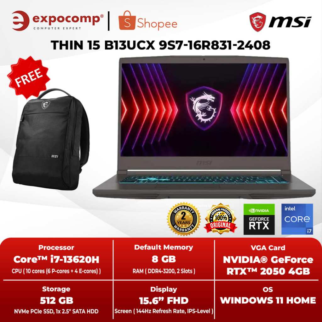 Jual MSI GAMING THIN 15 B13UCX 9S7-16R831-2408 GREY CORE i7-13620H 8GB 512GB RTX2050 4GB WIN 11 ...