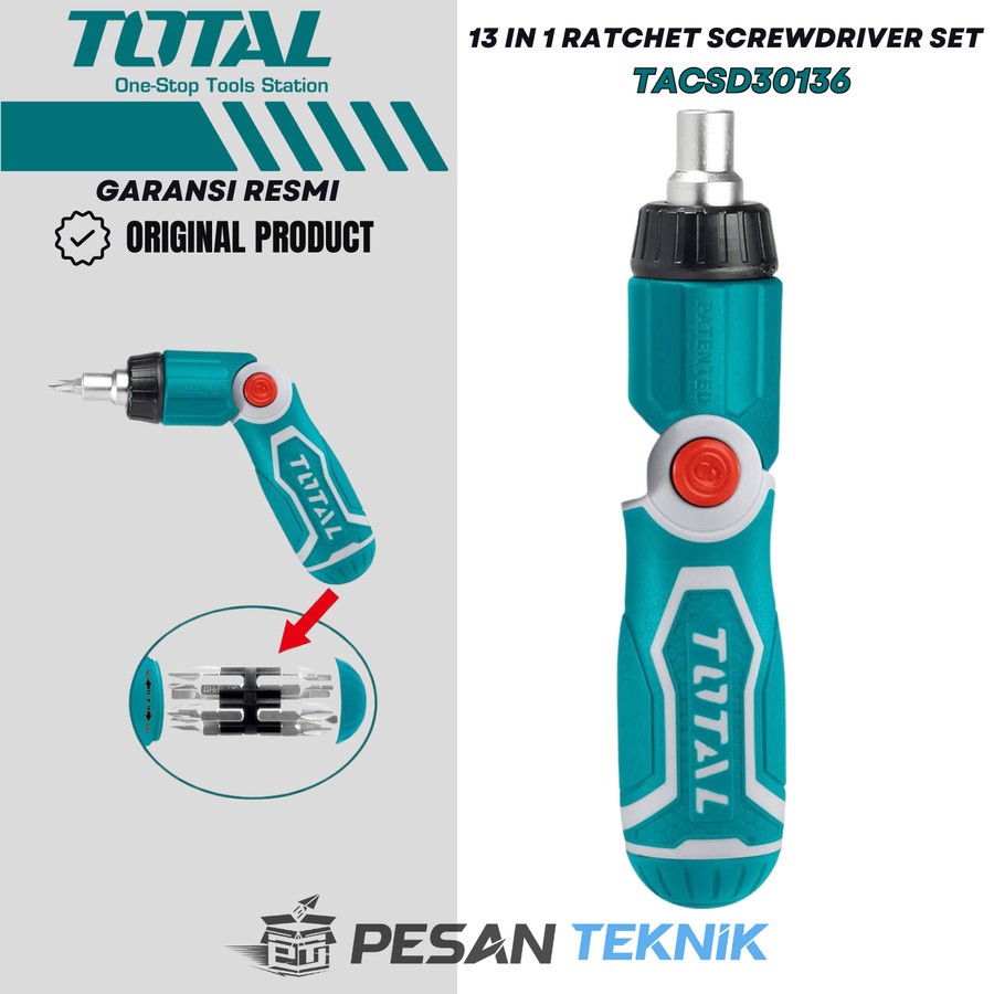 Jual TOTAL Obeng set 13 IN 1 Ratchet Screwdriver Set Rachet TACSD30136 ...